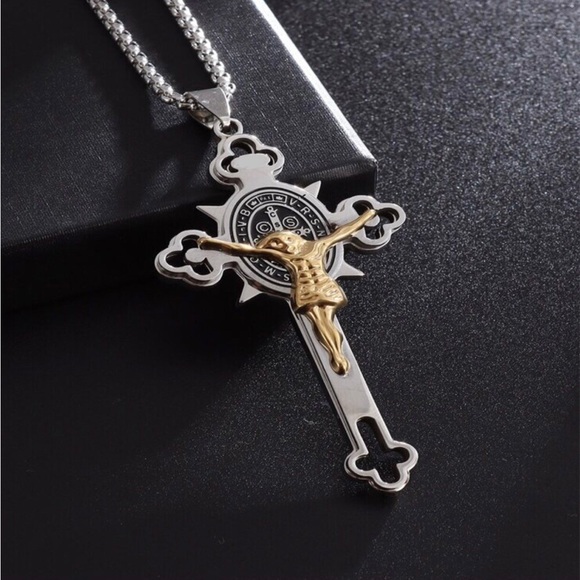 Accessories | Benedictine Crucifix St Benedict Gold Jesus Silver Steel ...